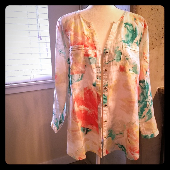 JM Collection | Tops | Jm Collection Printed Linen Button Down Top ...